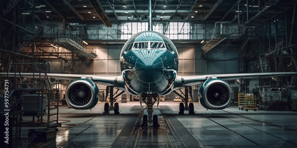 Aircraft in the hangar. Front view. Aircraft maintenance, aircraft ...