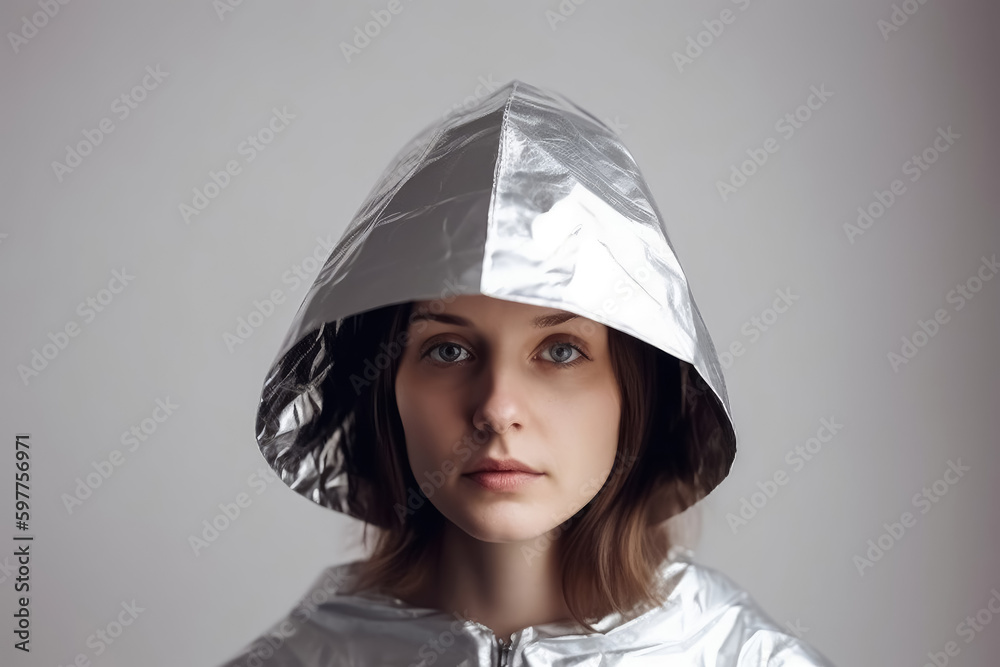 A person wears a small handmade hat made of aluminium foil on a light ...