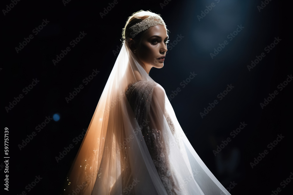Gorgeous woman wearing a thin translucent silk veil on the catwalk at a ...
