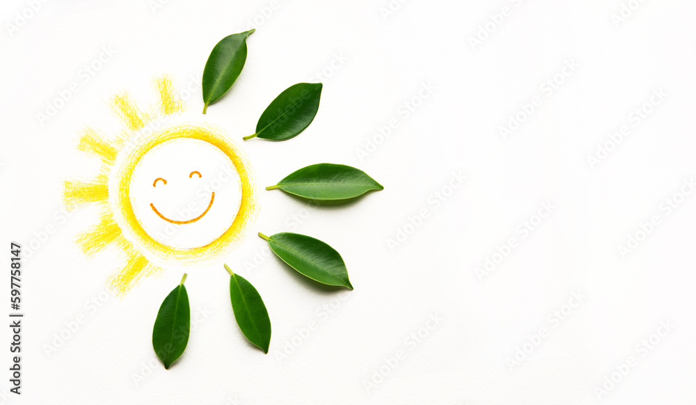 Green Energy Concepts. Smiling Sun with Green Leaf as Bright Shining ...