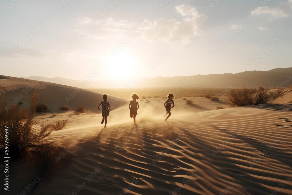 Happy children running in desert on sunset. Digitally generated ai ...