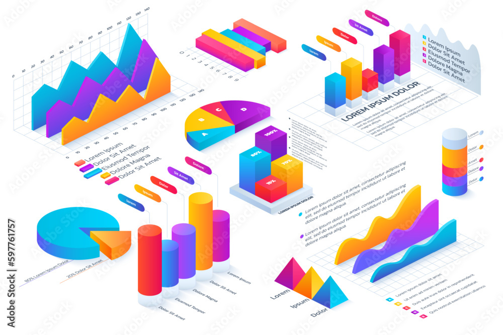 Isometric infographic. 3D graph chart. Data circle or line ...