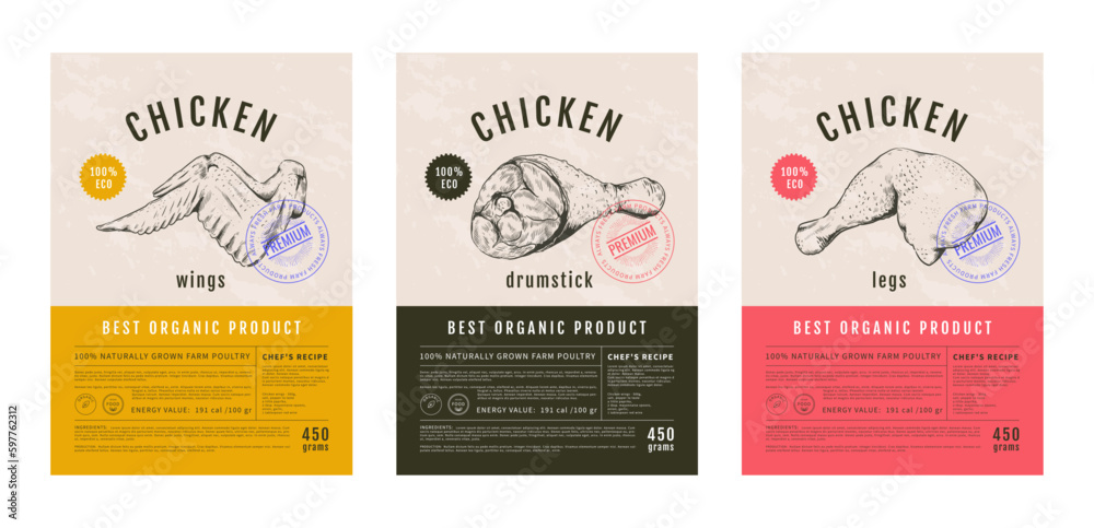 Vetor de Food label design. Chicken retro package, tag or sticker for ...