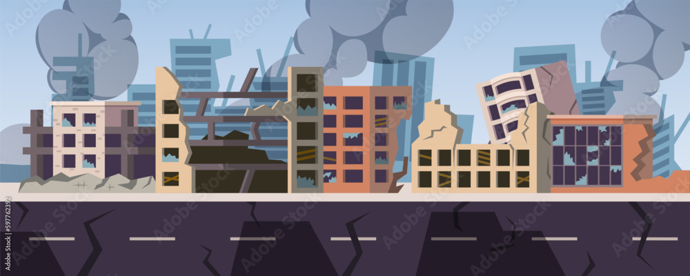 Ruined building panorama. Destroyed city after earthquake. Cartoon flat ...