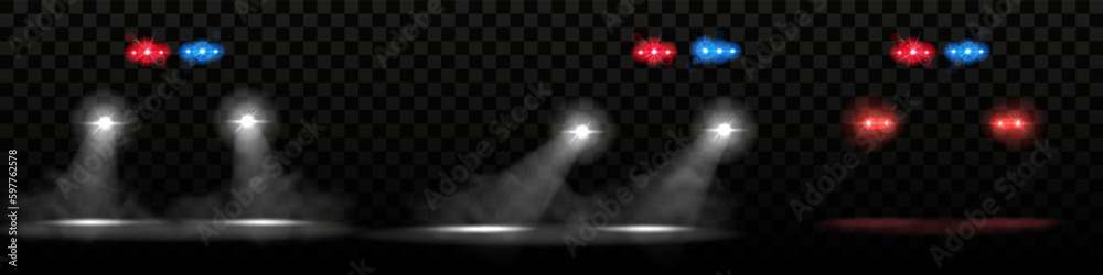 Emergency lights. Night police auto. Red and blue lamps. Sides of ...