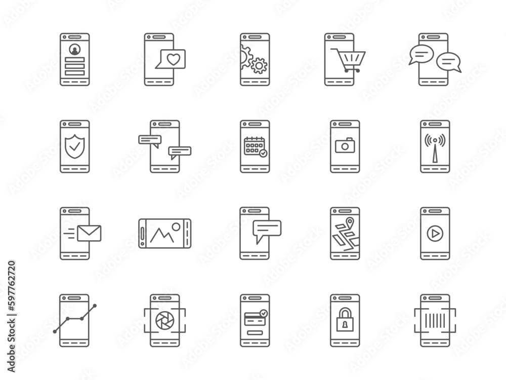 Mobile line symbols. Cellphone payment. Screen lock icons. Statistics ...