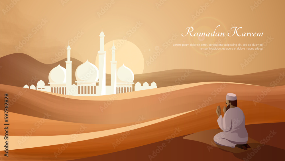 Islam prayer, mosque on desert background. Muslim ramadan kareem, eid ...