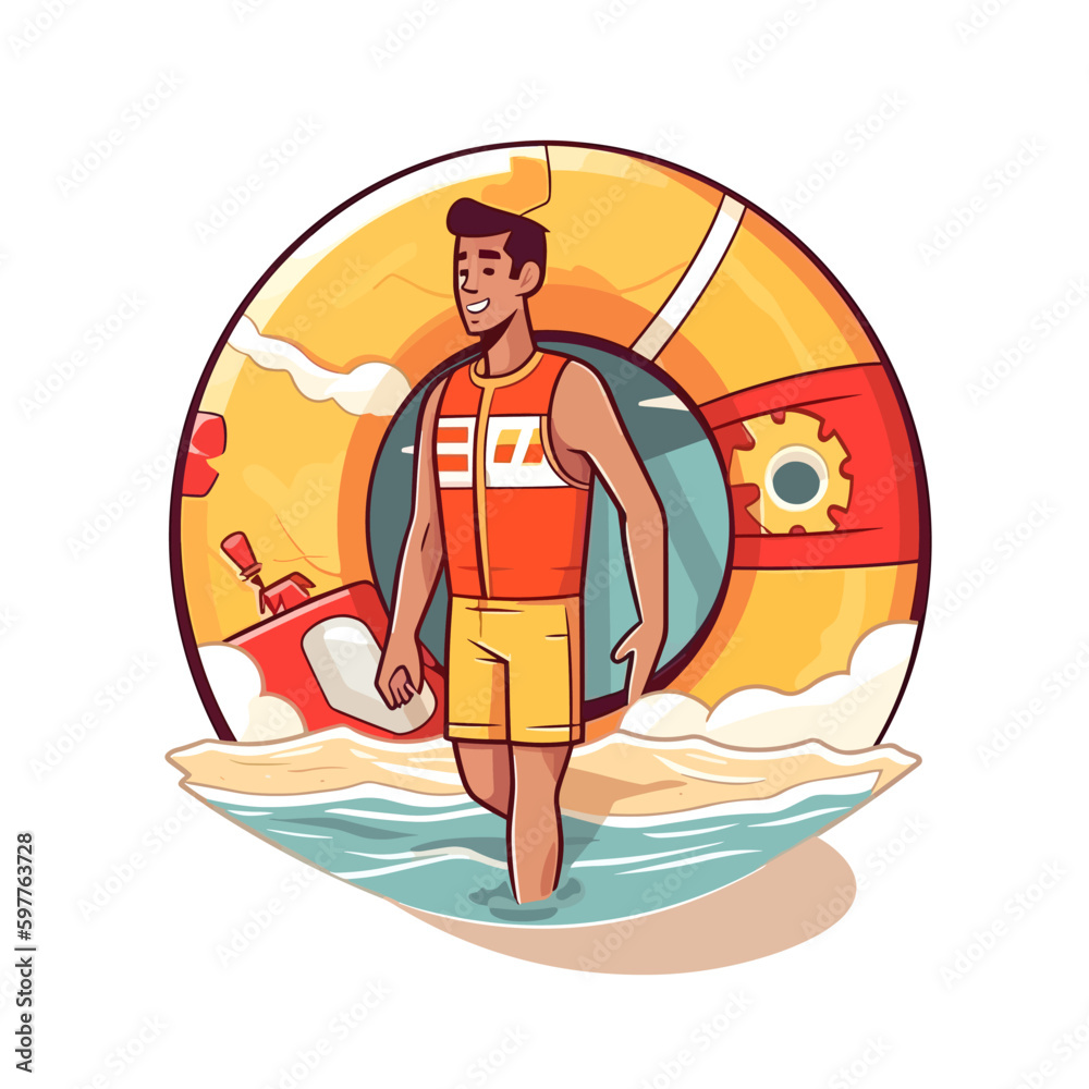 Guarded beach. Lifeguard watching swimming pool. cartoon vector ...