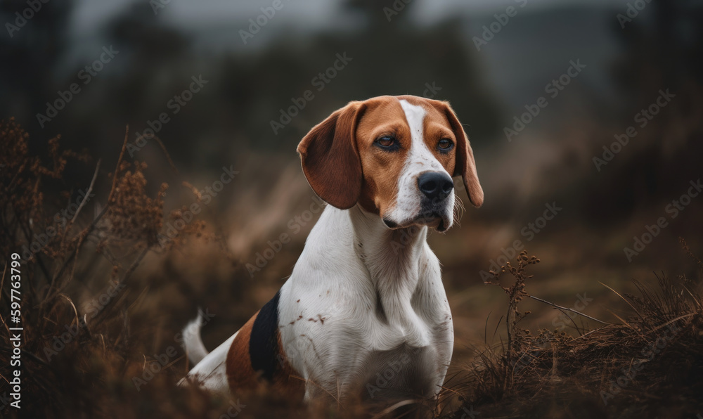 Photo of foxhound, poised and alert amidst a sprawling countryside ...
