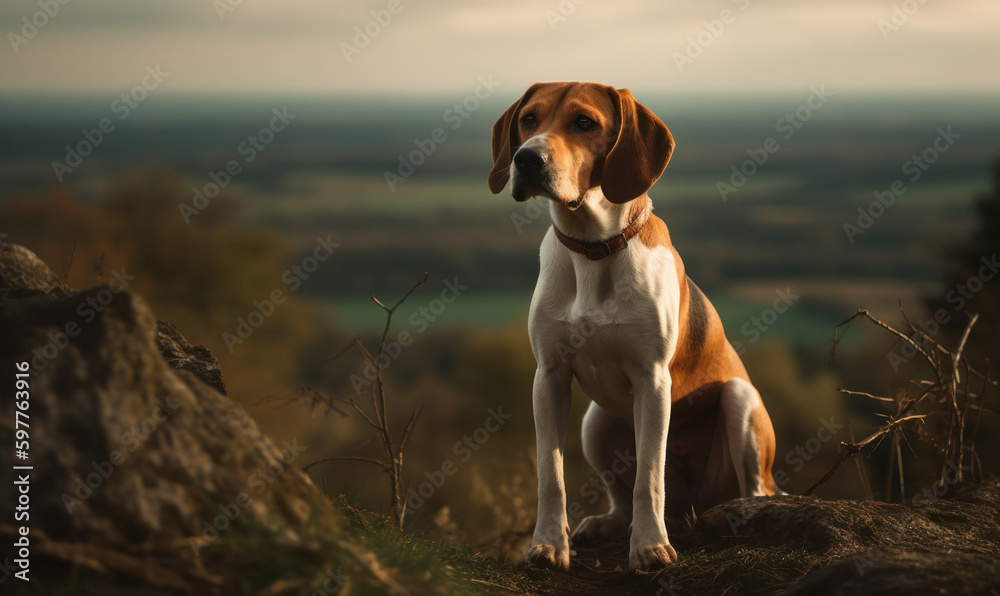 Photo of foxhound, poised and alert amidst a sprawling countryside ...