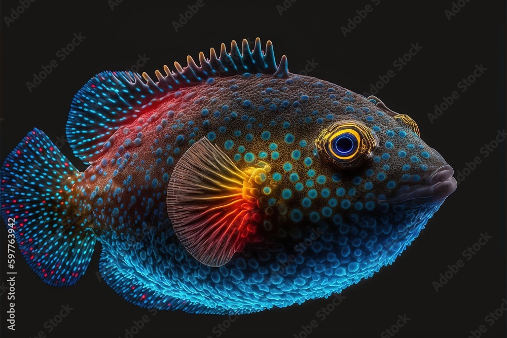 A stunning bioluminescent puffer fish, a mixture of vantablack and ...