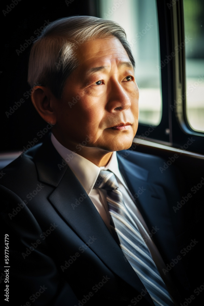 A 50-year-old Asian CEO gazes intently from the window of a high-speed ...