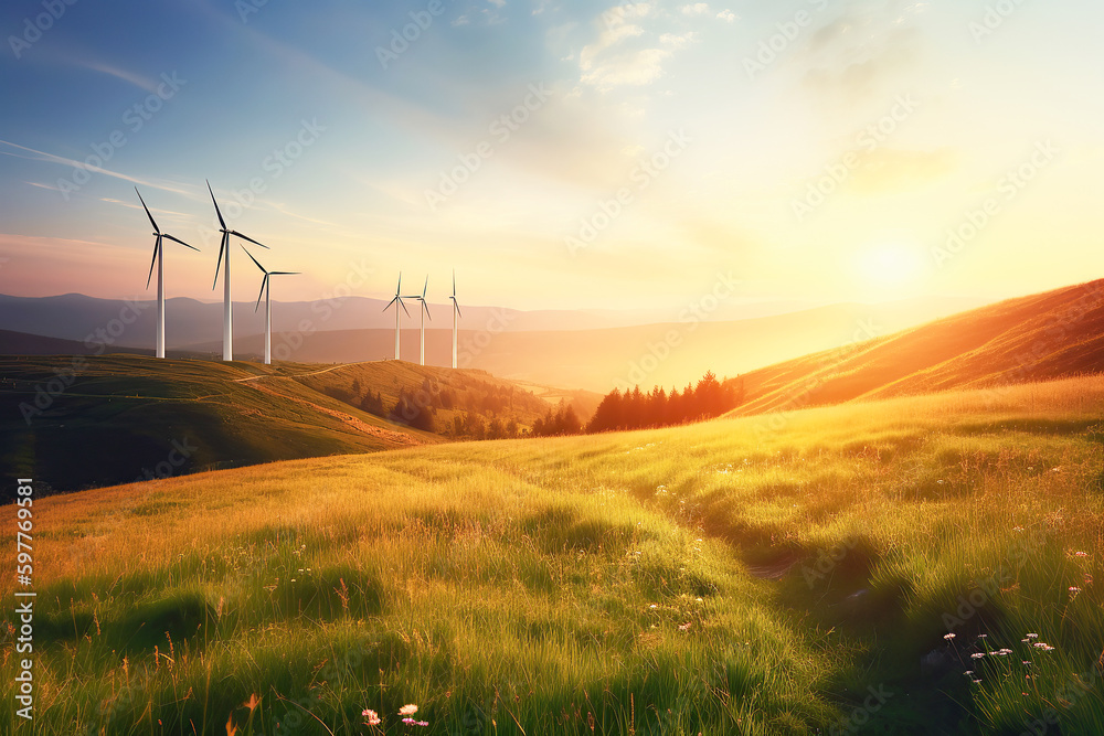 Wind turbines in the field, alternative energy concept, generative ai ...