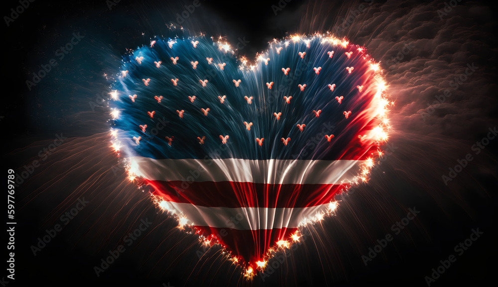 Heart-shaped fireworks inspired by the national flag of the USA ...