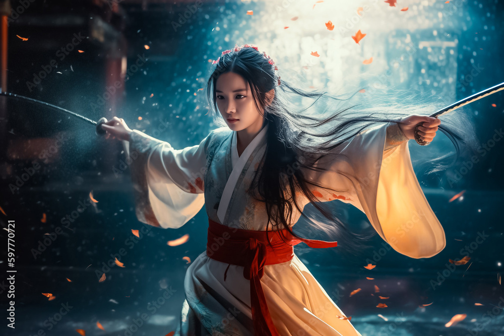In fantasy style, Chinese warrior girl dressed in traditional attire ...