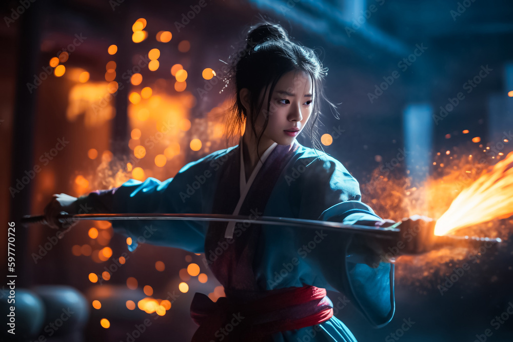 In fantasy style, Chinese warrior girl dressed in traditional attire ...