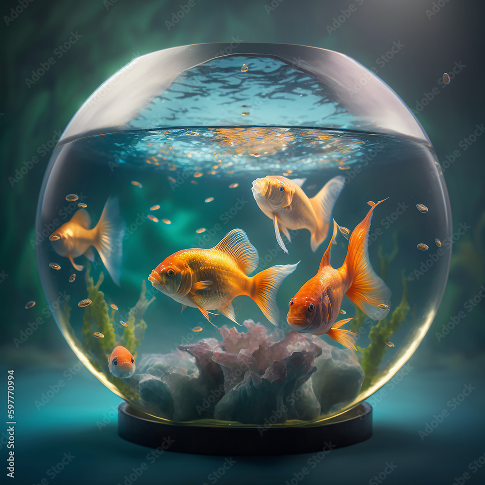 Beautiful fish in round glass aquarium with generative AI technology ...
