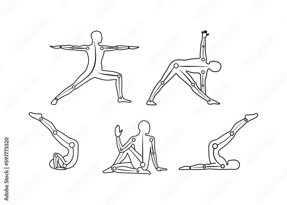 Vector outline set of yoga asanas, standing poses and twist. Cliparts ...