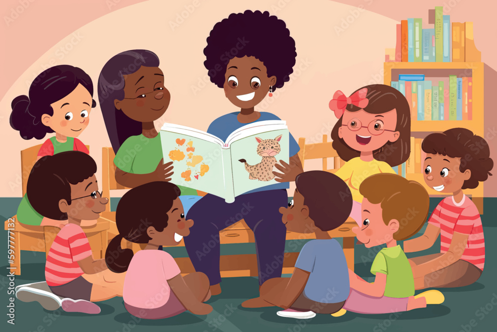 A cartoon vector illustration showing a teacher reading an educational ...