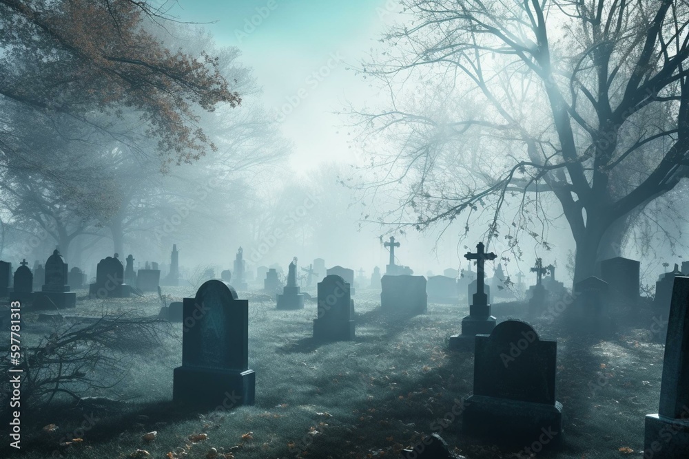 Spooky Halloween background featuring cemetery, gravestones, trees, and ...