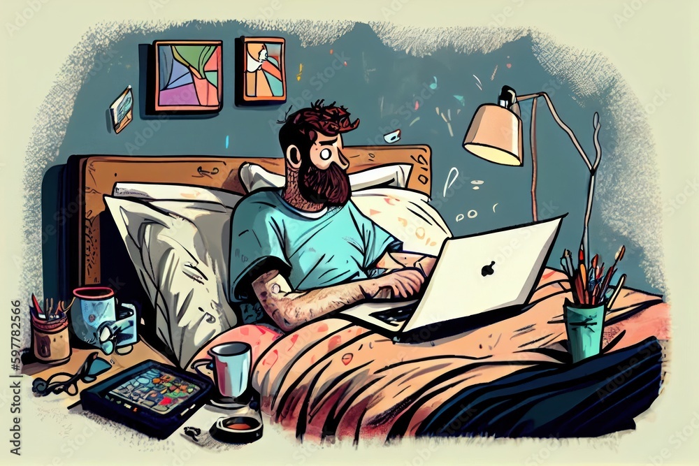 Man or woman working remotely from home, from the bed with laptop ...