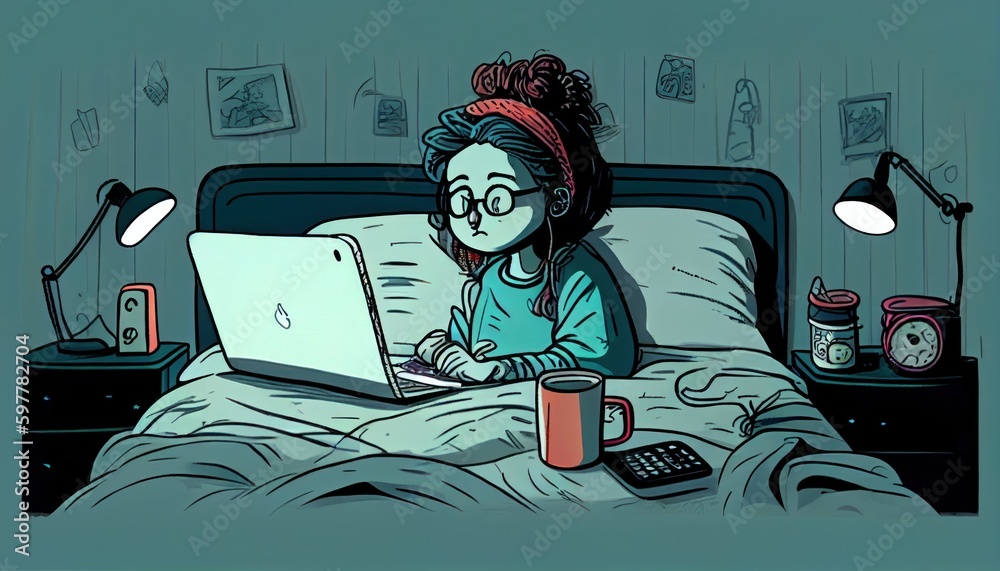 Man or woman working remotely from home, from the bed with laptop ...