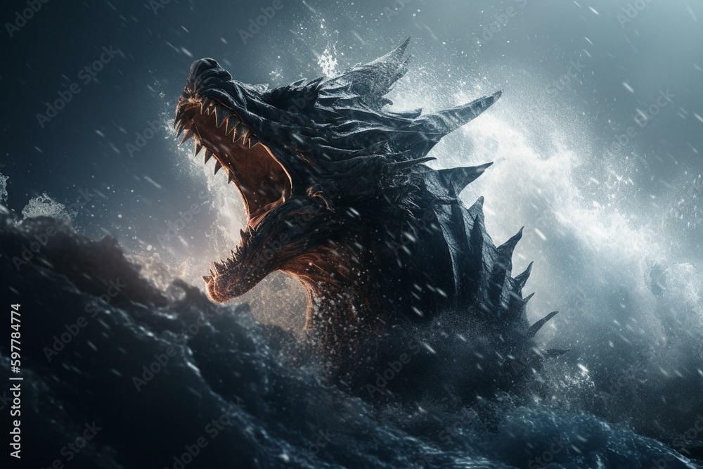 The clash of sea beasts in ultra HD during a storm with vivid lighting ...