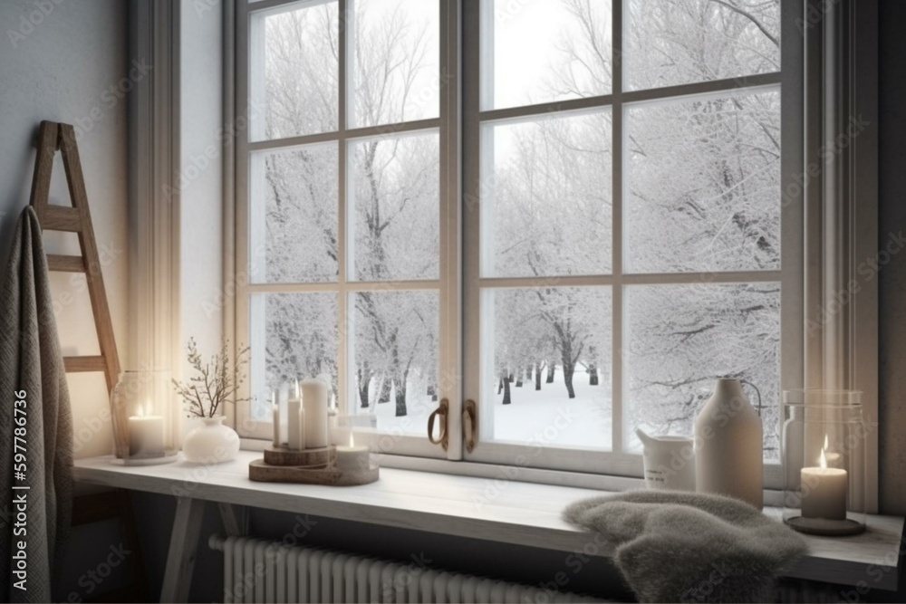 Scandinavian style snowy scene in window of empty white interior. 3D ...