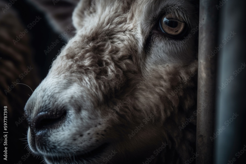 sad eyes of a captive farm animal in a cramped cage, symbolizing the ...