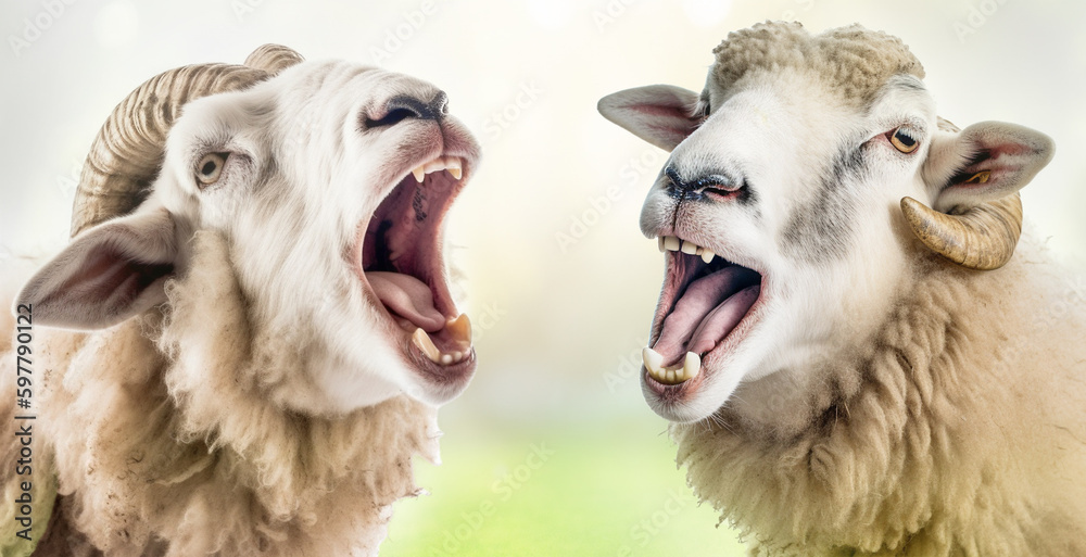 Two sheep engaged in an aggressive dispute, facing each other with open ...
