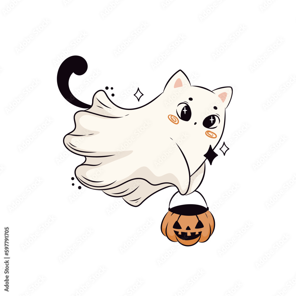 Spooky cat ghost illustration for Halloween party. Creepy icon or pin ...
