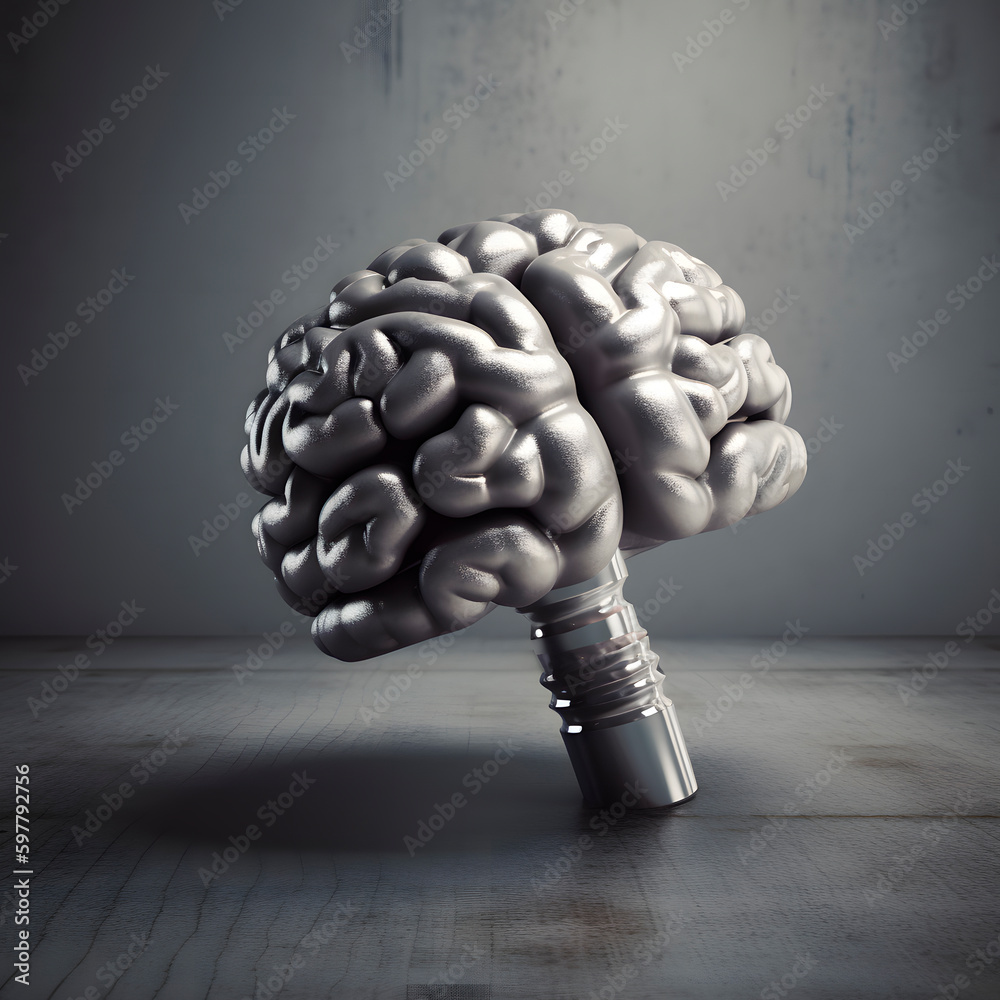 Creative composition made of a steel copy of the human brain lifting a ...