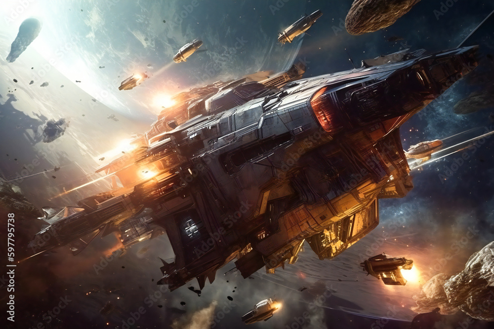 Giant space ship being damaged after a space battle. Created with ...