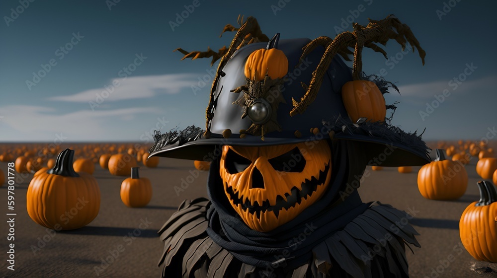 Halloween scarecrow wear spooky pumpkin helmet, Generative AI Stock ...