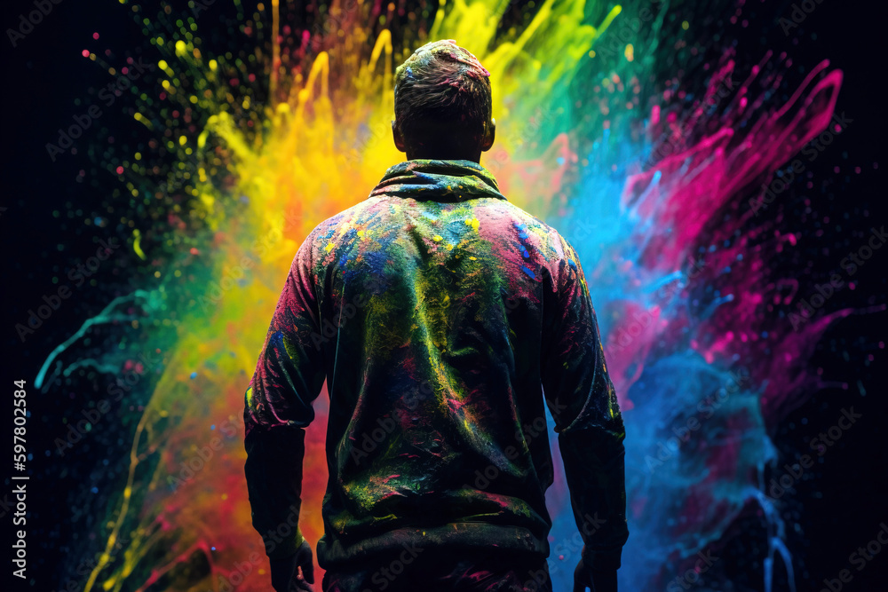 Man covered with vibrant paint splatters inside room with walls in ...
