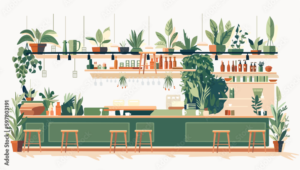 Beautiful cafe interior front view with lots of green plants. Coffee ...