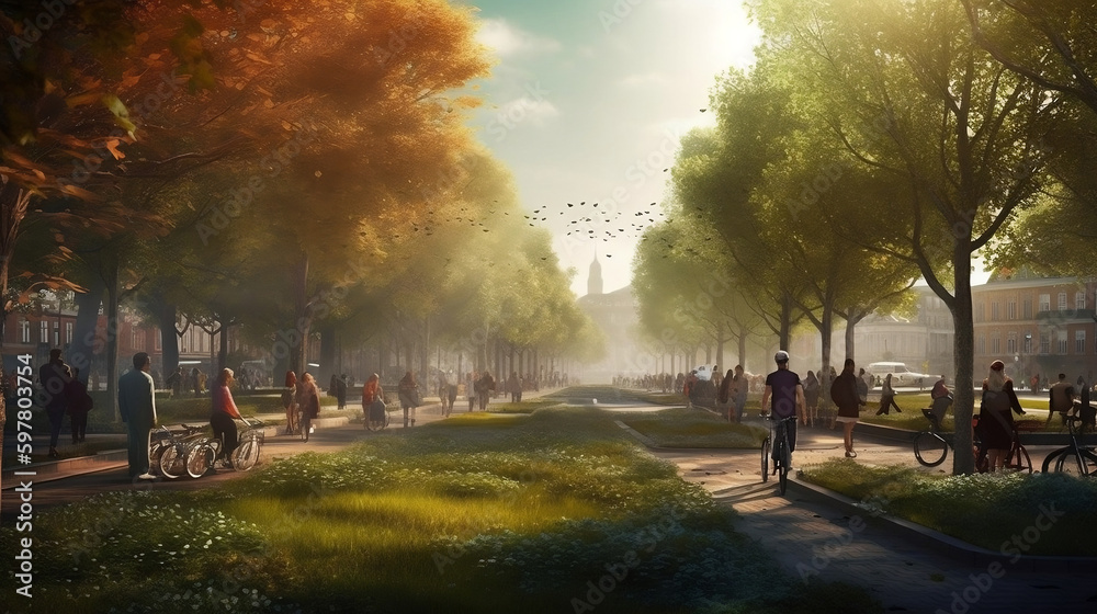 Beautiful city park with lots of trees giving a shade for people ...