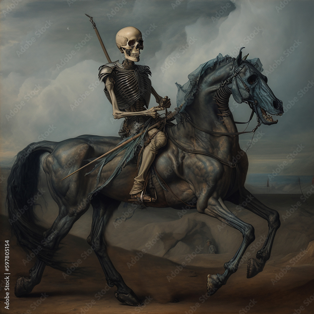 Human skeleton rides a horse, retro drawing, vintage engraving style ...