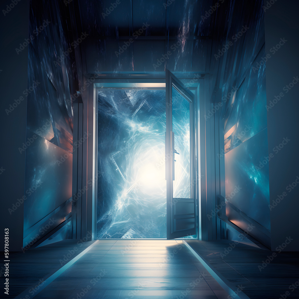 Open door digital vector illustration on a blue background. Futuristic ...