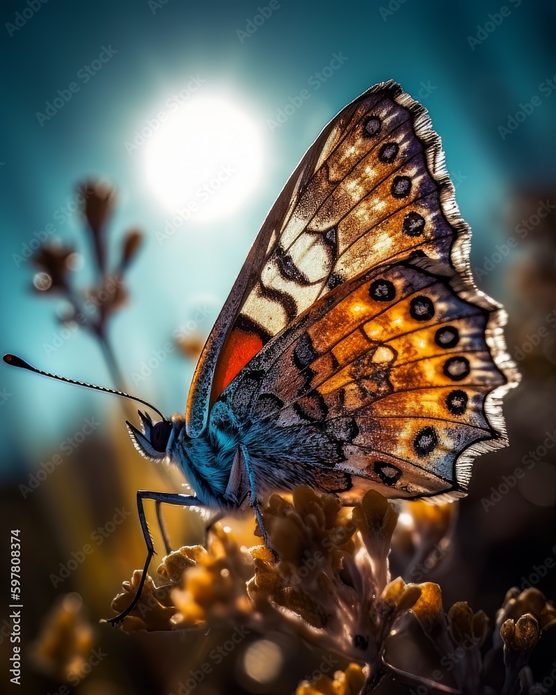Beautiful butterfly glows in the summer sunlight with rays of the ...