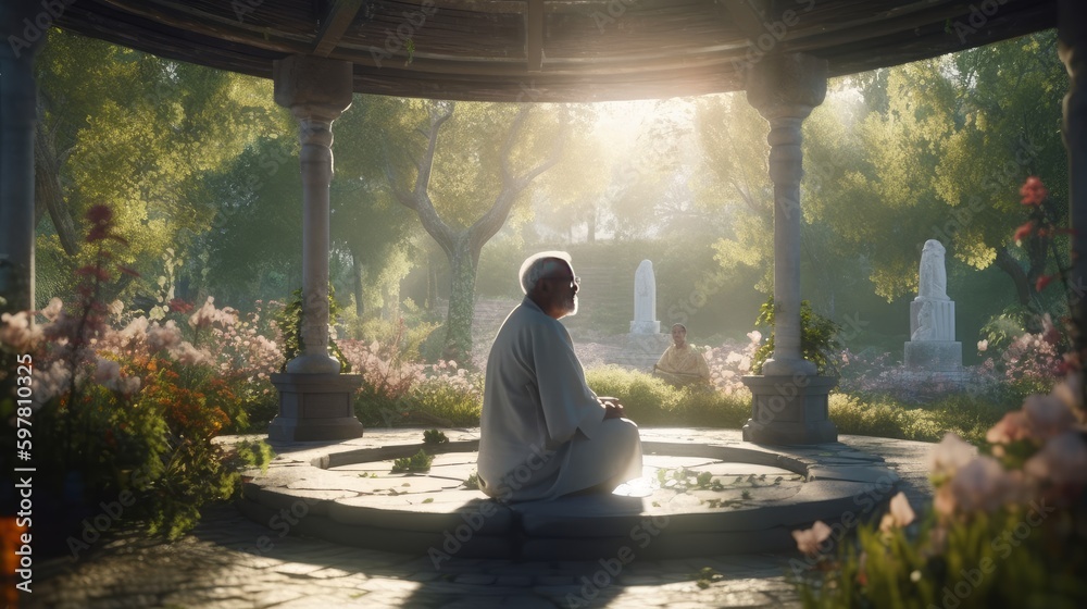 Elderly indian man meditates in a beautiful zen garden.generative ai ...