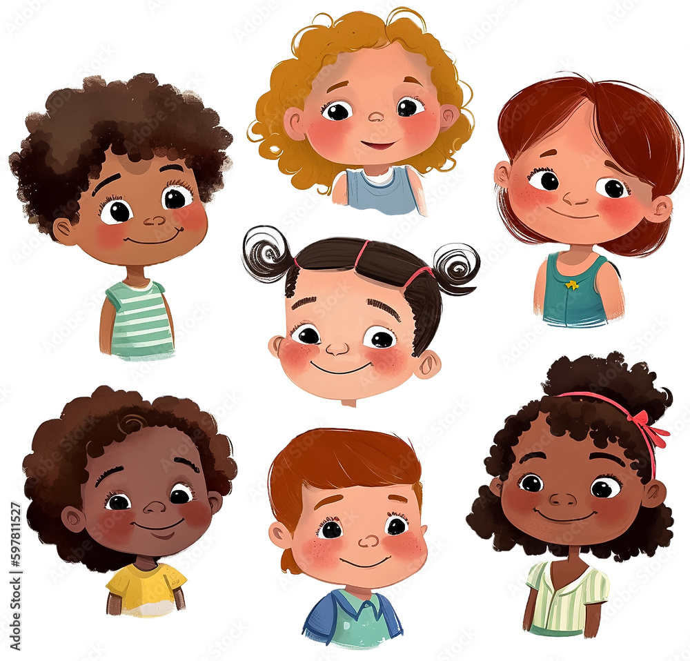 Set of cartoon kids avatars, multinational happy little children faces ...