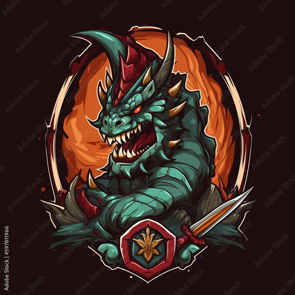 Cartoon dragon slayer emblem for a gaming logo Generative AI Stock ...