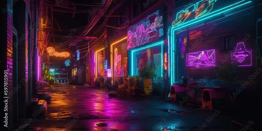 Generative AI, Night scene of after rain city in cyberpunk style ...