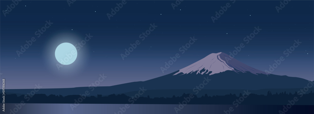 Vetor de The moon rising over mount Fuji. Night view of a Japanese ...