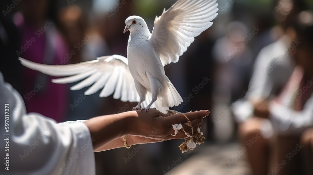 A person releasing a white dove, symbolizing peace, during a ceremony ...