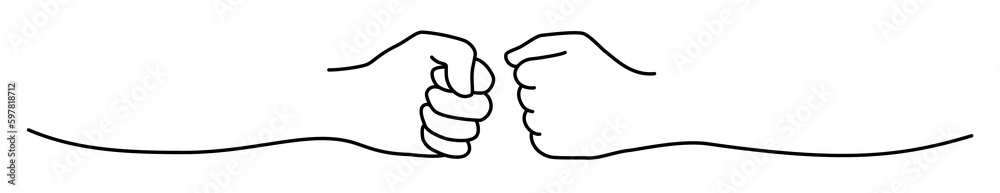 Fist bumping banner hand drawn with single line. Team work, cooperation ...
