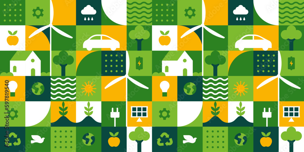 Green eco friendly symbol mosaic seamless pattern illustration with ...