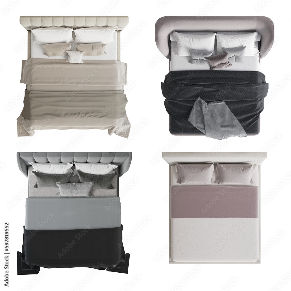A set of four different beds. Top view. Light beige bed with beige ...
