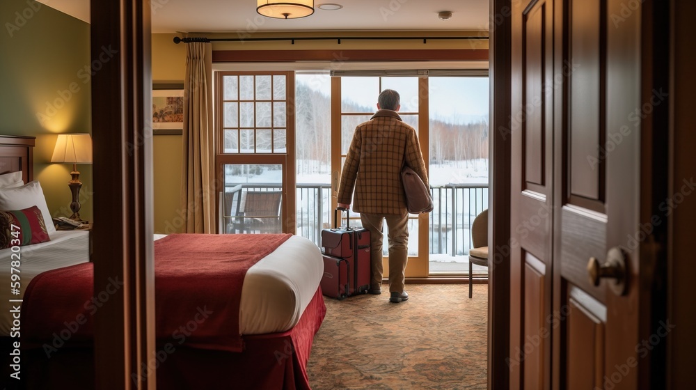 Solo traveler stepping into their hotel room for the first time, taking ...